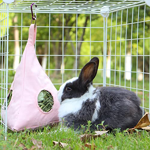 Rabbit Hay Feeder Bag,Bunny Hay Feeder Bag, Guinea Pigs Feeder Bag, Hanging Soft Burlap Feeder Bag with 3 Holes for Rabbit, Bunny, Guinea Pigs ,Hamster and Other Similar Size Animals (Pink)