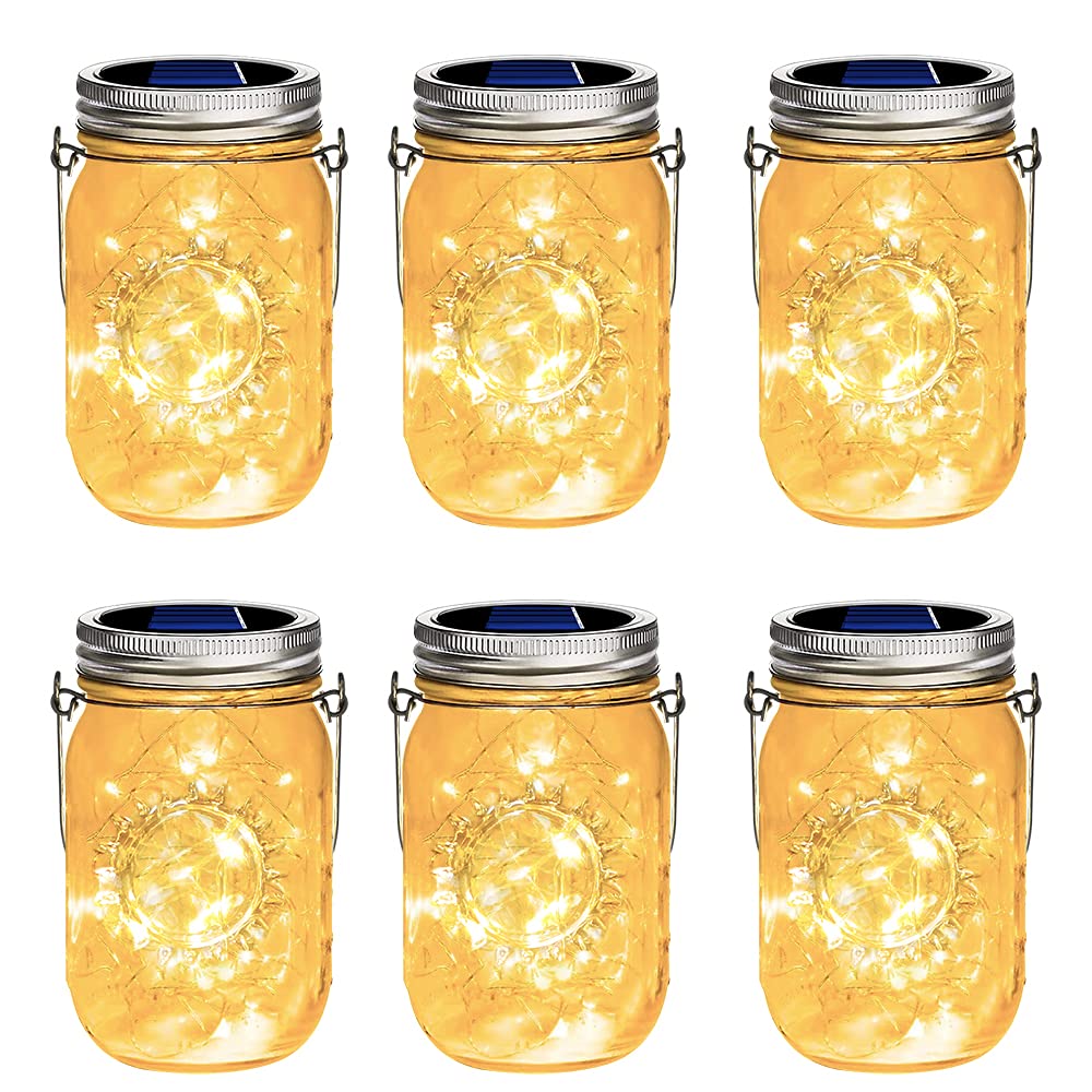 YKB Solar Mason Jar Lid Lights, 6 Pack Hanging Solar Lights Outdoor, 30 LEDs String Fairy Lights Led Table Lanterns, Decor for Garden Yard Patio Lawn Christmas (Hangers and Jars Included)