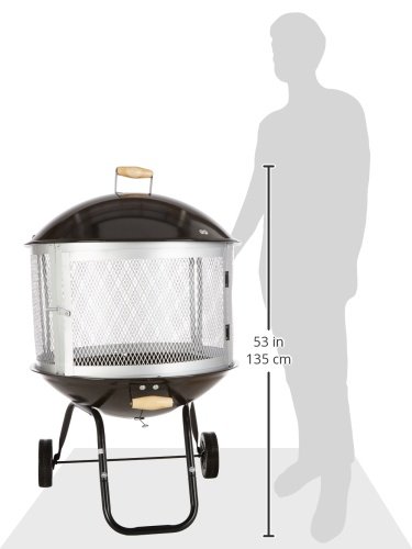 Fire Sense 01471 Fire Pit Bessemer Rolling Patio Fireplace Wooden Bonfire Porcelain Enamel Wood Burning with Wheels & Handle Grip for Outdoor Entertaining - Black & Silver - 28"