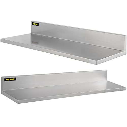 VEVOR Stainless Steel Wall Shelf, 8.6'' x 16'', 44 lbs Load Heavy Duty Commercial Wall Mount Shelving w/Backsplash for Restaurant, Home, Kitchen, Hotel, Laundry Room, Bar (2 Packs)