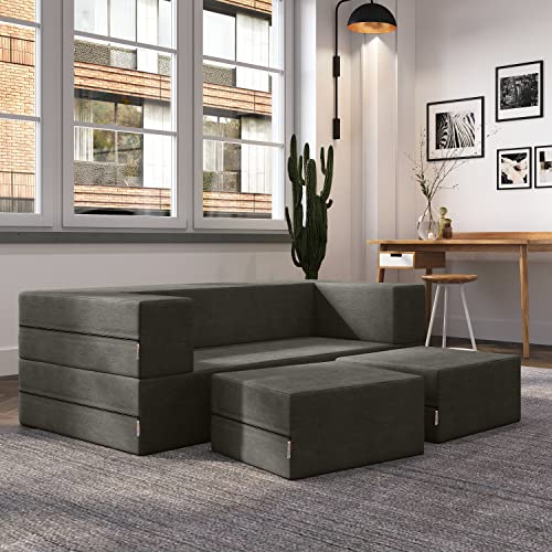 Jaxx Zipline Convertible Sleeper Loveseat & Ottomans, Textured Microvelvet - Charcoal