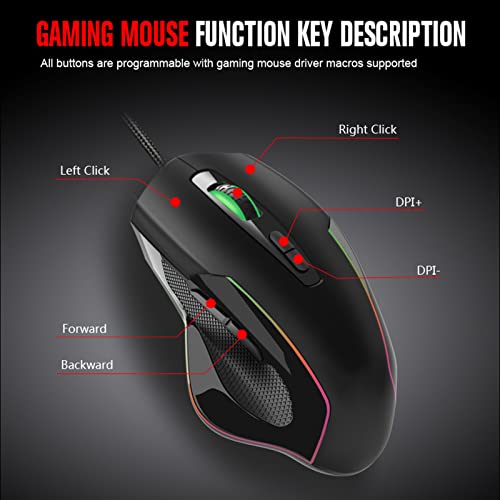Yolispa Wired Mouse 7- Key Macro Programmable Gaming Mouse with Breathing Light 6400DPI Adjustable for PC Game Office Work