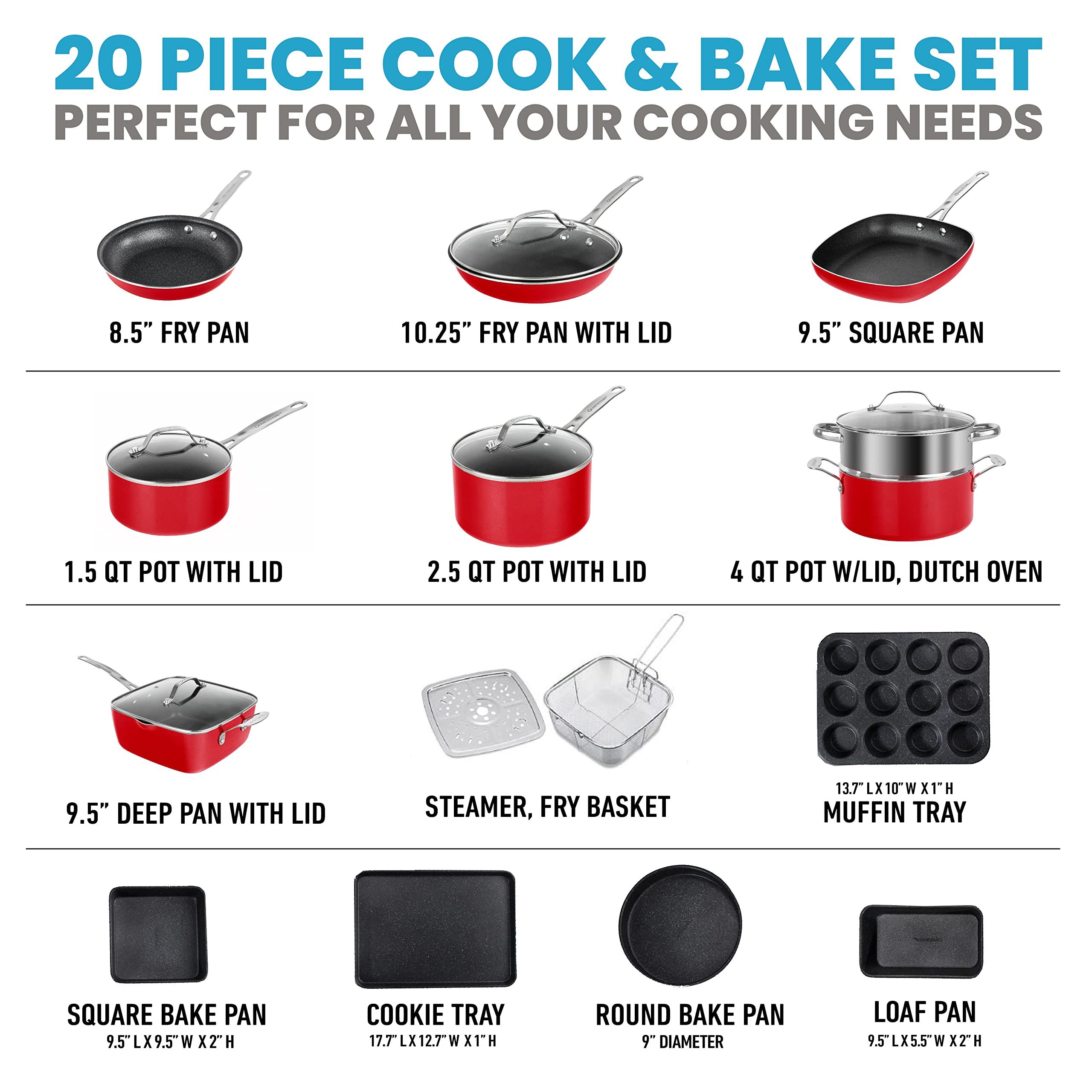 Granitestone Red Pots and Pans Set Nonstick, 20 Pc Kitchen Cookware Set & Bakeware Set with Mineral & Diamond Coating, Long Lasting Nonstick, Ultra Durable, Oven and Dishwasher Safe, 100% Toxin Free