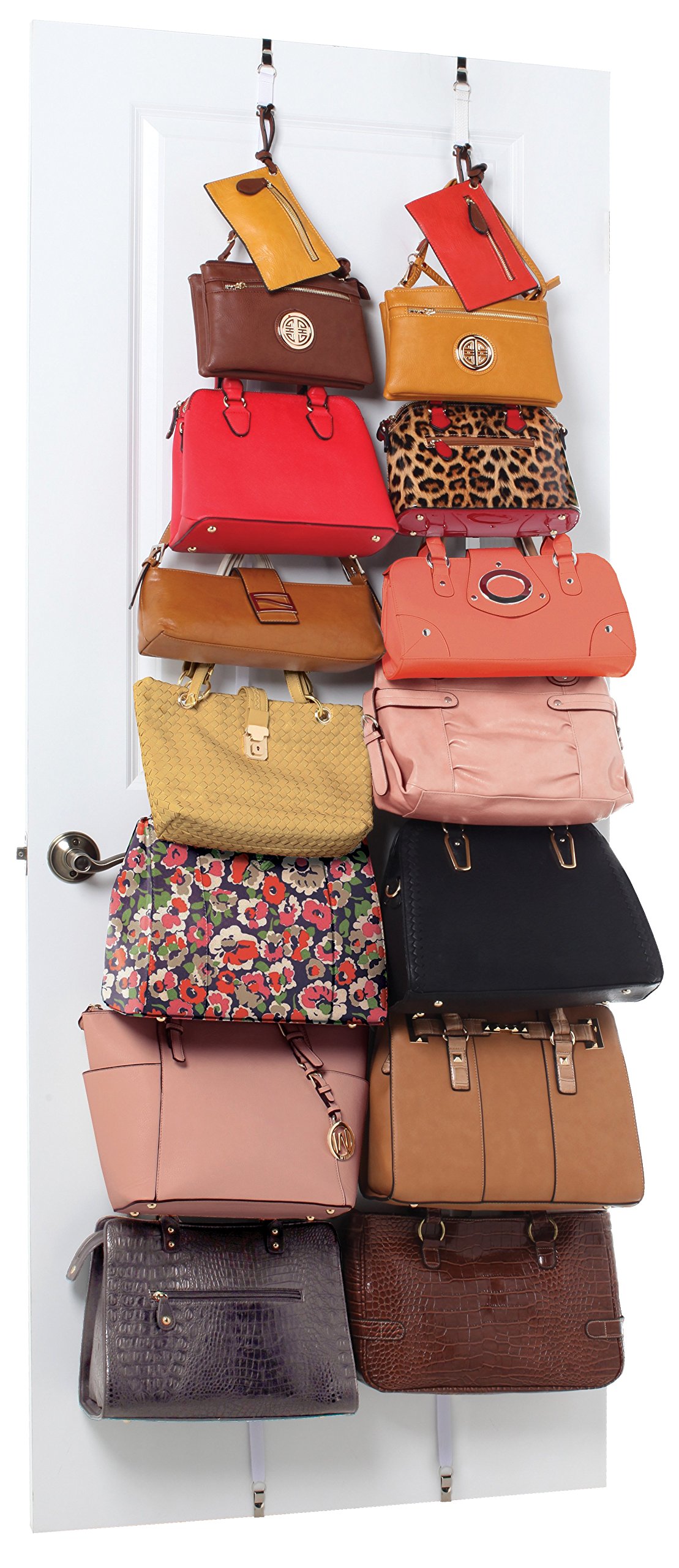 Jokari Heavy Duty Over The Door 16 Hook Purse Rack. Self Adjustable Elastic Straps with Moveable Metal Chrome Hooks to Store, Organize and Display Bags, Scarves or Hats and Save Closet Storage Space.
