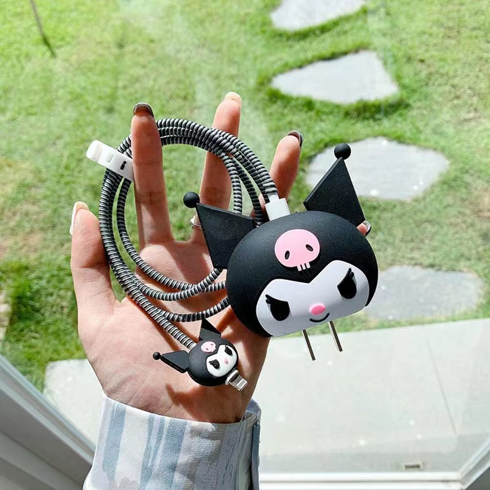 Cute Cartoon Fast Charger Protector for Apple 18W 20W iPhone 14 13 12 11 Pro Max Fast Charging Cable Charger Adapter Protective Cover Cable Accessory Data Cable Protective Sleeve (Black Rabbit)