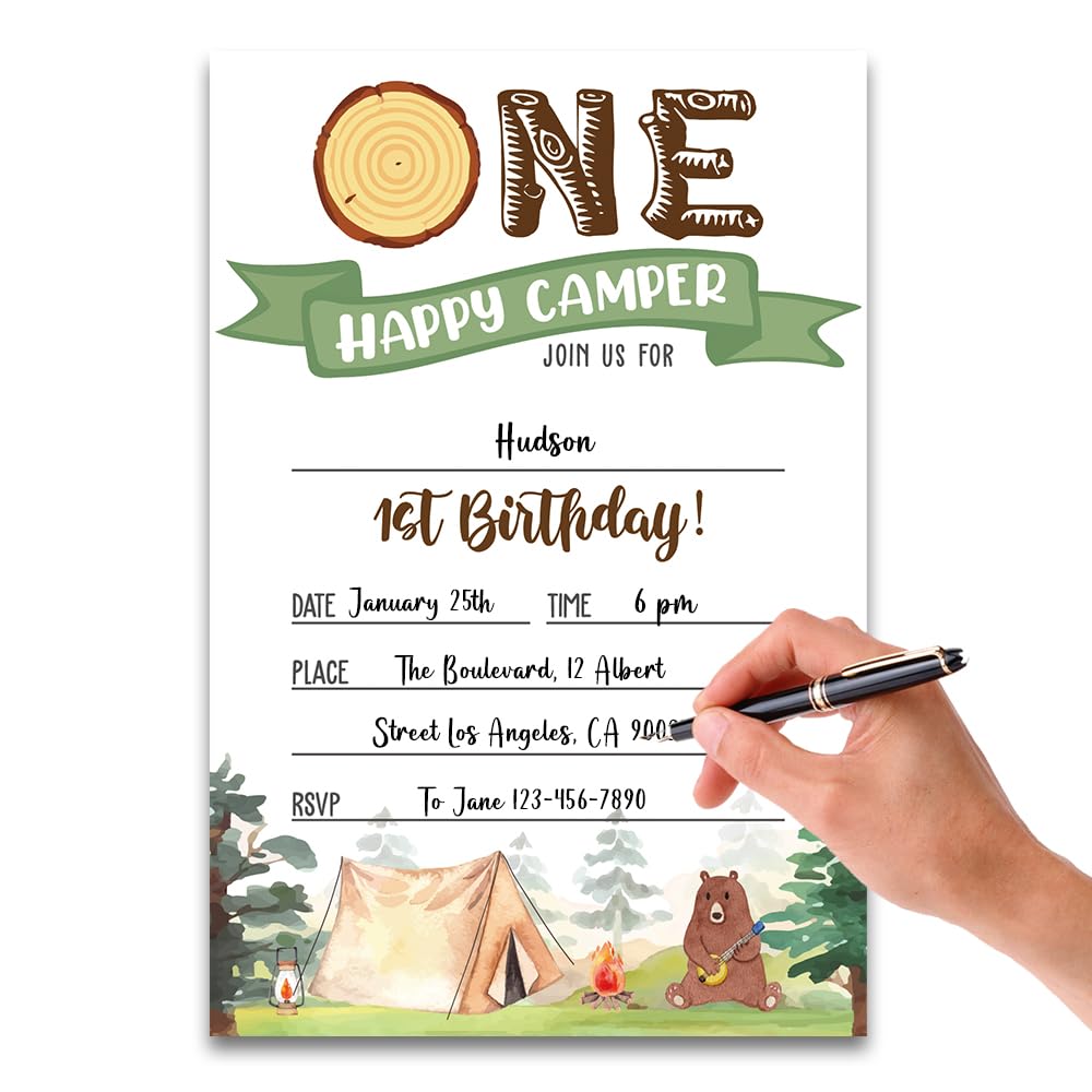 FujLoy Happy Camper Invitation, One Happy Camper Birthday Invitation, Camper Party Invitations cards.(069)