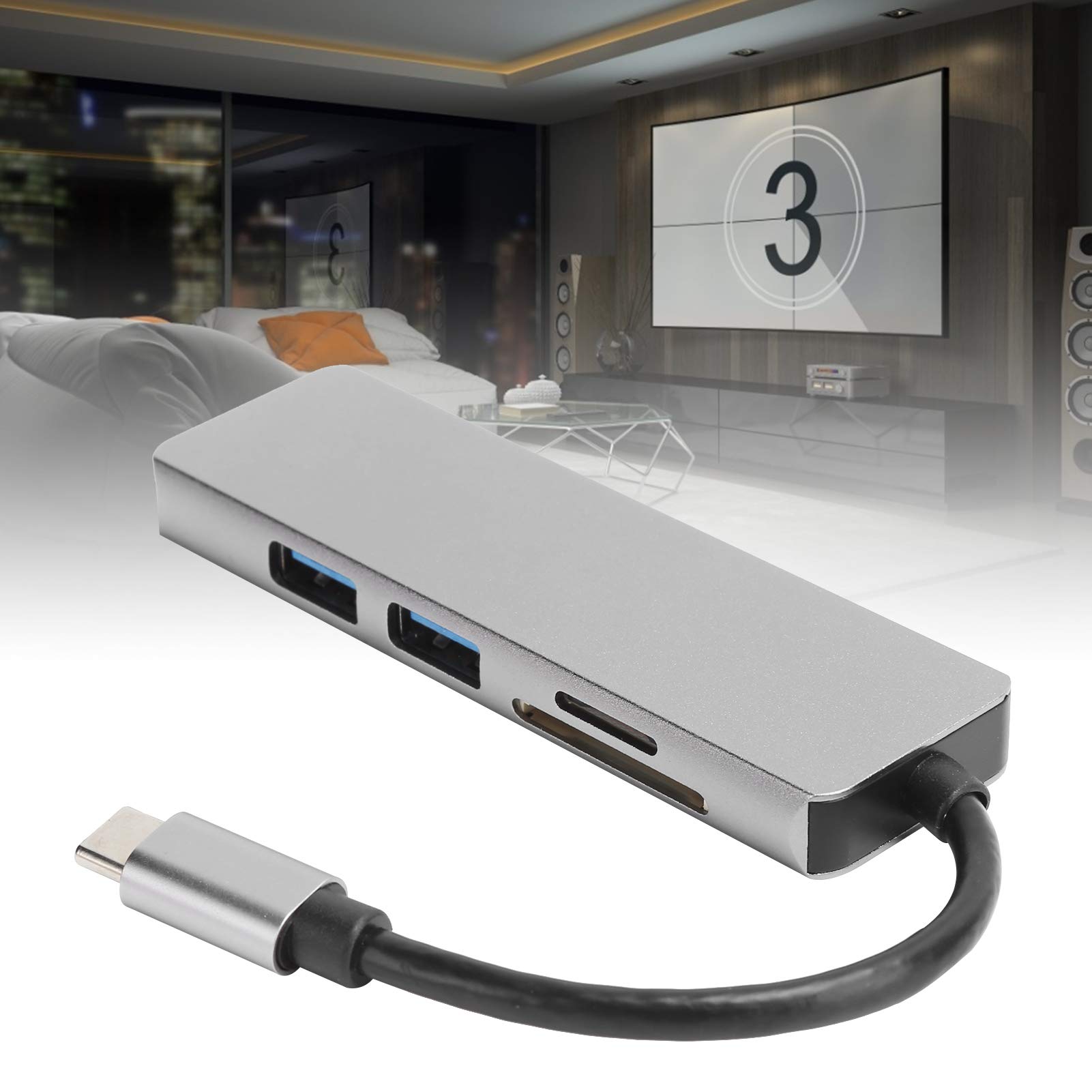 DAUERHAFT Type‑C to HD Multimedia Interface Adapter, Usb3.0X2 5Gbps Fast 5 in 1 Type‑C Adapter Easy to Use High Efficiency with 2Pcs Usb3.0 Output Port for Keyboard