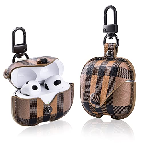 Pujuyeka Leather Luxury Case for AirPods 3rd Generation 2021 with Keychain,Designer Plaid Cute Airpod Charging Case Cover Aesthetic Lockable Protective Air Pod Skin Cover (AirPod 3rd Gen 2021 Brown)