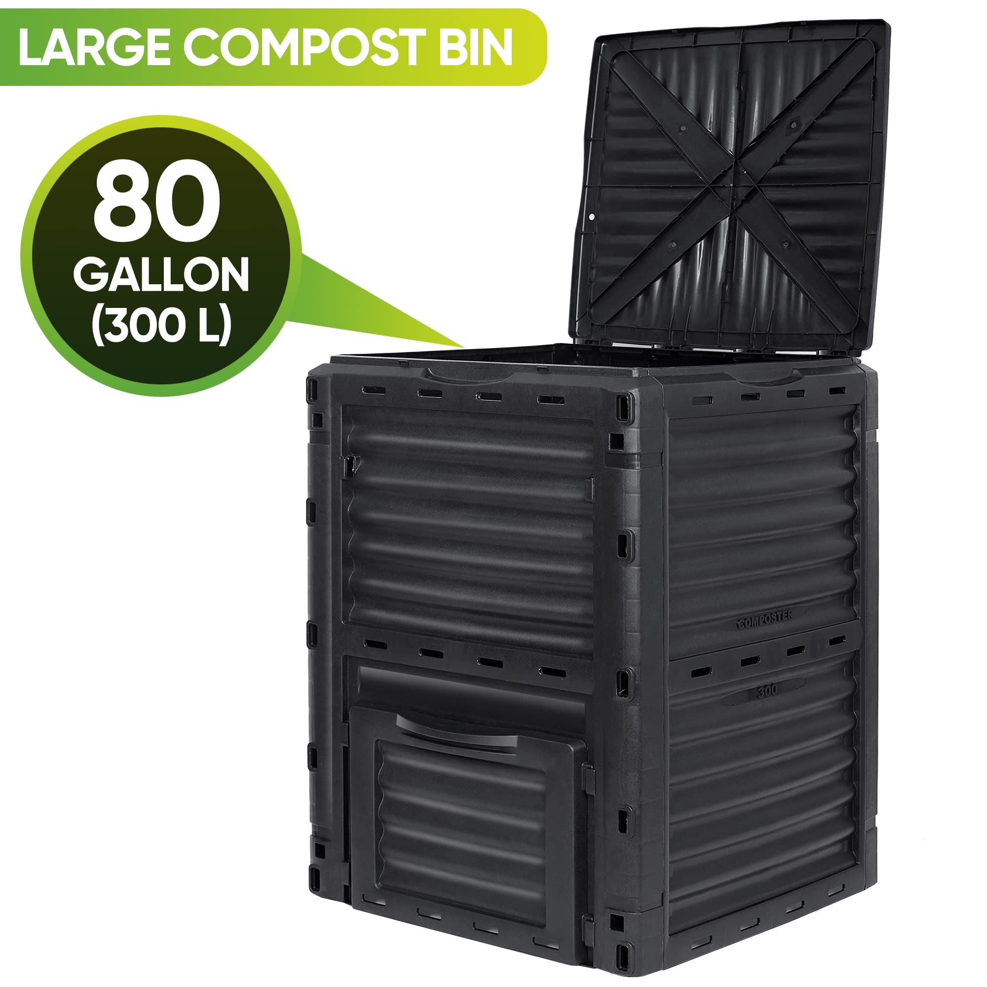 LEMY Garden Compost Bin, 80 Gallon Outdoor Compost Box for Fast Creation of Fertile Soil, Large Capacity, Black