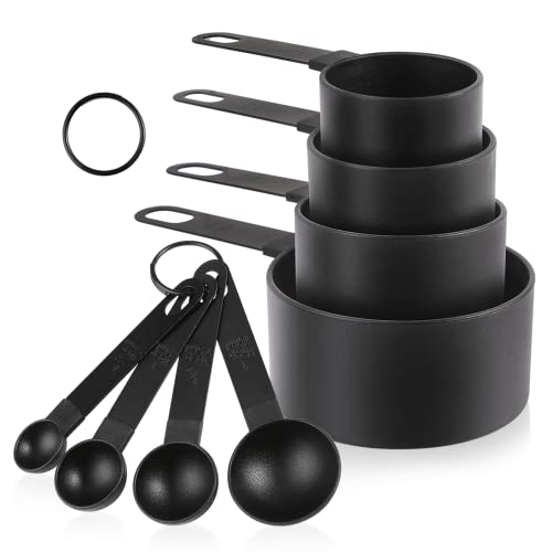 NileHome Measuring Cups and Spoons Set, Plastic Measuring Spoons 8 Piece Includes 4 Measuring Cup Set and 4 Measuring Spoons Set Stackable Stainless Steel Handle Measure Cups for Cooking&Baking, Black