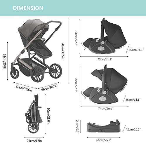 Trenana 5 in 1 Baby Stroller Travel System,Baby Stroller and Car Seat Combo, Includes Quick Folding Aluminium Baby Stroller and Infant Car Seat,High View Modular Stroller with Base(Color:Khaki)