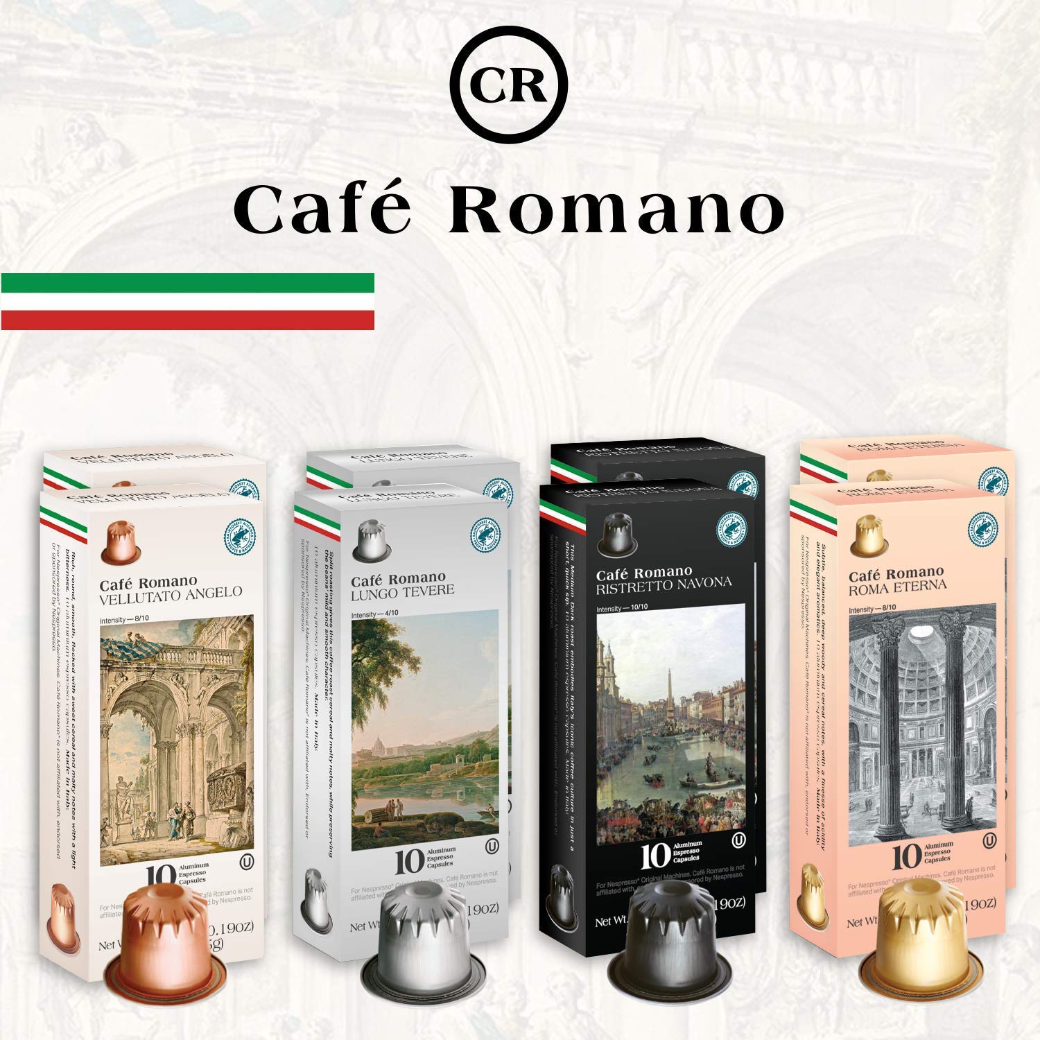 Café Romano Espresso Capsules Single Cup Aluminum Coffee Pods Compatible with Nespresso Original Machine, 80 Capsules (Variety pack)