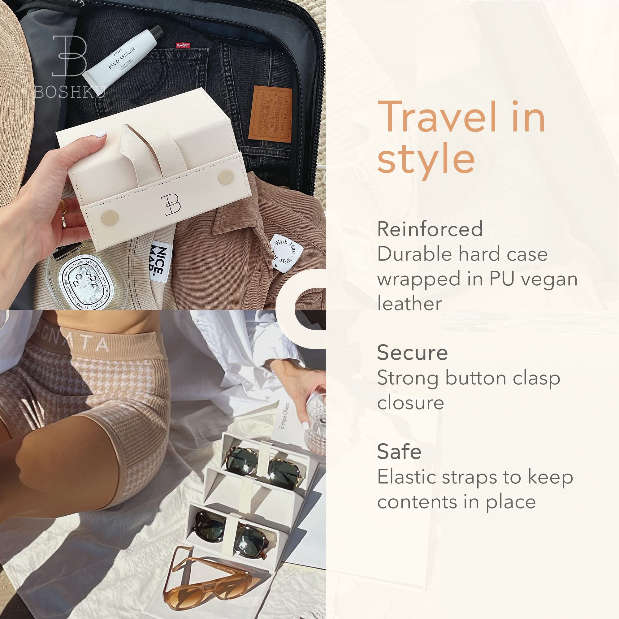 BOSHKU 3-Slot Travel Sunglasses Case Organizer – Compact Sunglasses Storage with Hanging Loop – Vegan Leather Multiple Glasses Case with Soft, Suede Interior and Secure Elastic Straps (BEIGE)