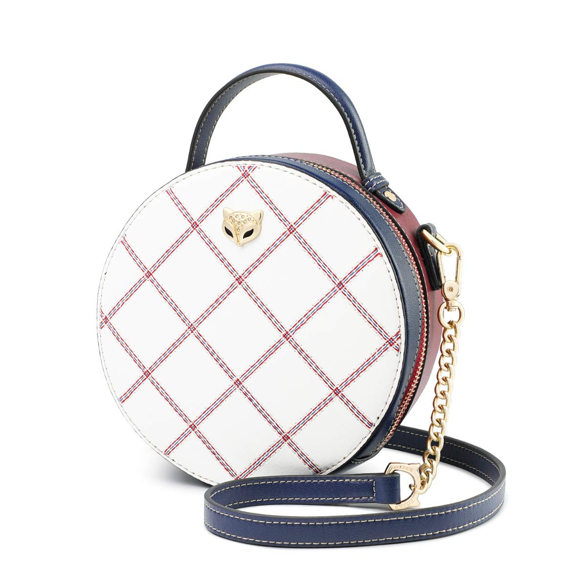Leather Circular Handbags for Women, Genuine Leather Ladies Round Crossbody Bags with Adjustable Chain Strap Small Women's Fashion Shoulder Bags Mini Girls Leather Messenger Bags Satchel Purses(White)