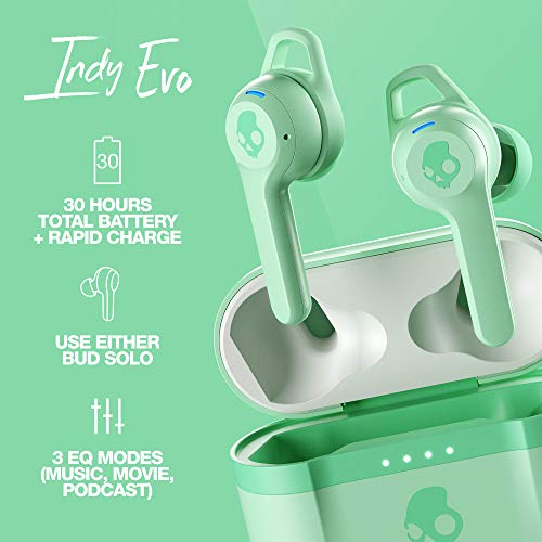 Skullcandy Indy Evo In-Ear Wireless Earbuds, 30 Hr Battery, Microphone, Works with iPhone Android and Bluetooth Devices - Mint