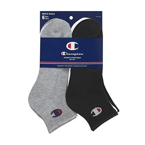 Champion Men's Double Dry Moisture Wicking Ankle Socks 6, 8, 12 Packs Availabe, White/Grey/Black-6 Pack, 6-12