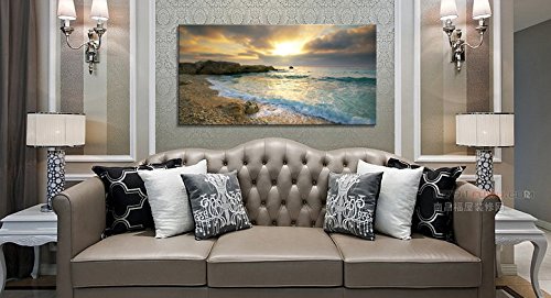 Canvas Wall Art Sunset Beach Blue Waves Ocean Art Large Modern Artwork Canvas Prints Contemporary Pictures Framed Ready to Hang for Home Decoration