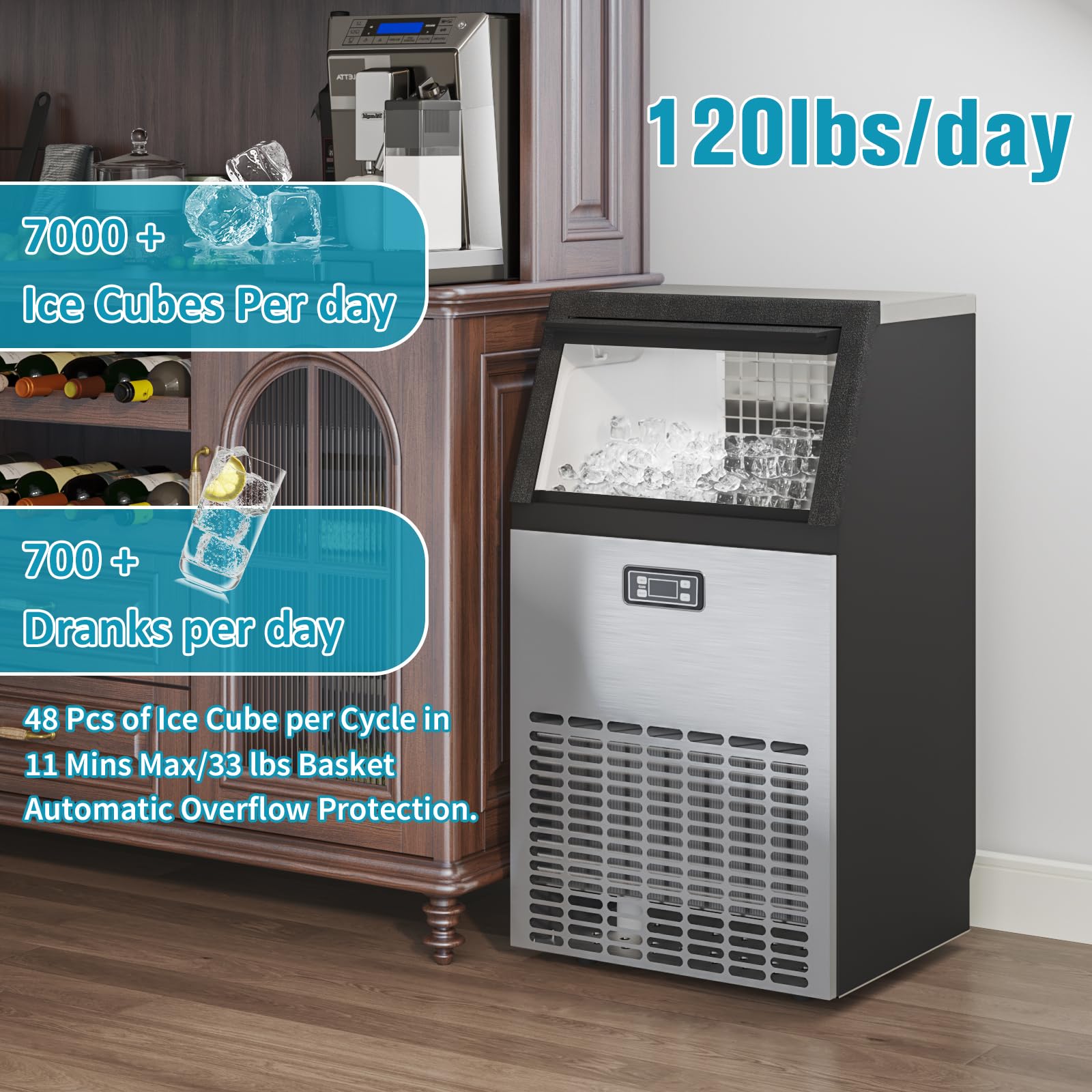 Erivess 120 lbs/24H Commercial Ice Maker,48 Cubes/11mins, 33 lbs Ice Storage Capacity, Counter Ice Maker Self Cleaning, 24 Hour Timer Stainless Steel Freestanding Ice Maker Machine (120lbs/day)