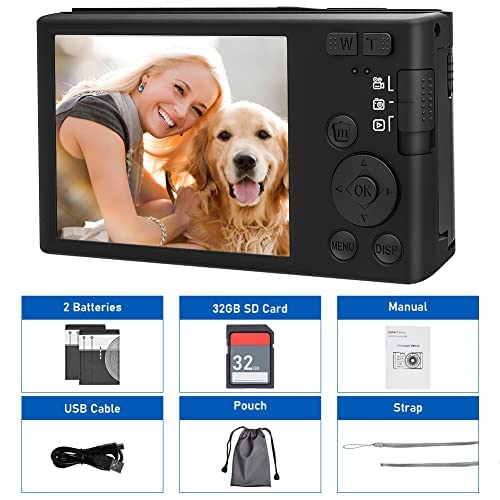 Compact Point and Shoot Camera for Video Kids with 16X Digital Zoom, 4K 48MP, Portable for Beginners,Students,Teens with 32GB SD Card and 2 Batteries