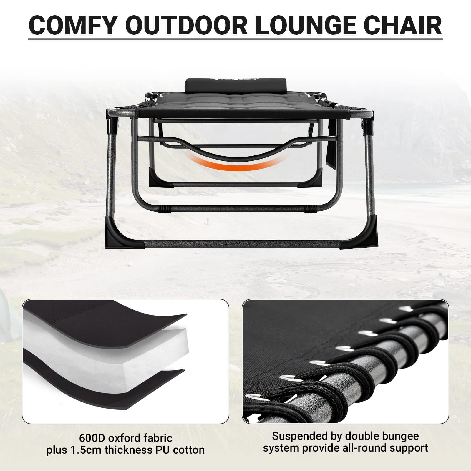 KingCamp Oversize Padded Folding Chaise Lounge Chair for Outdoor, Patio, Beach,Lawn, Sunbathing, Tanning, Pool, Lay Flat Heavy-Duty Adjustable Reclining Chairs with Pillow, Pocket, Support 330lb