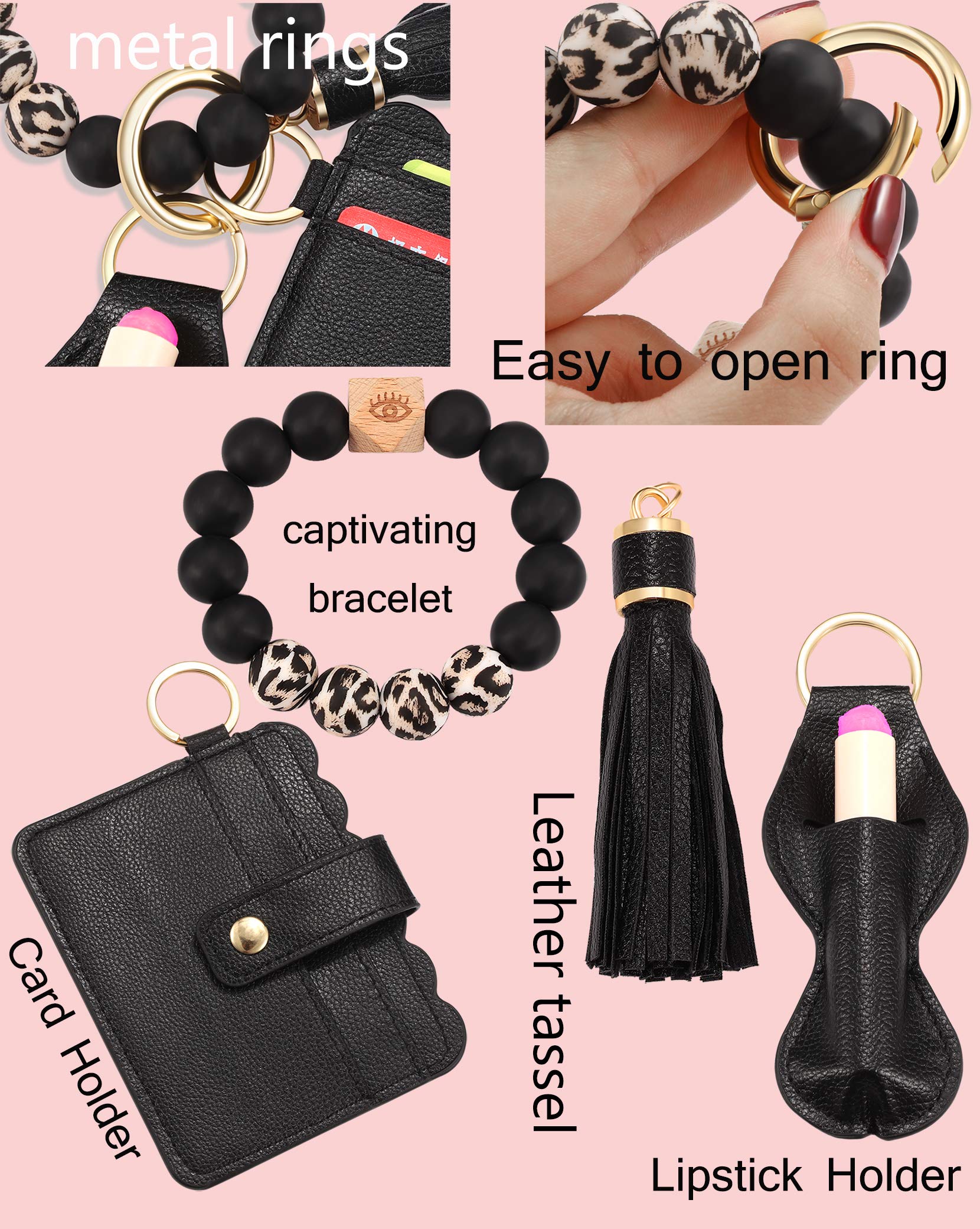 BVGA Wristlet Keychain Bracelet with Wallet,Silicone Bead keyring Bracelet Bangle Car Key Ring Holder Tassel Keyring for Women