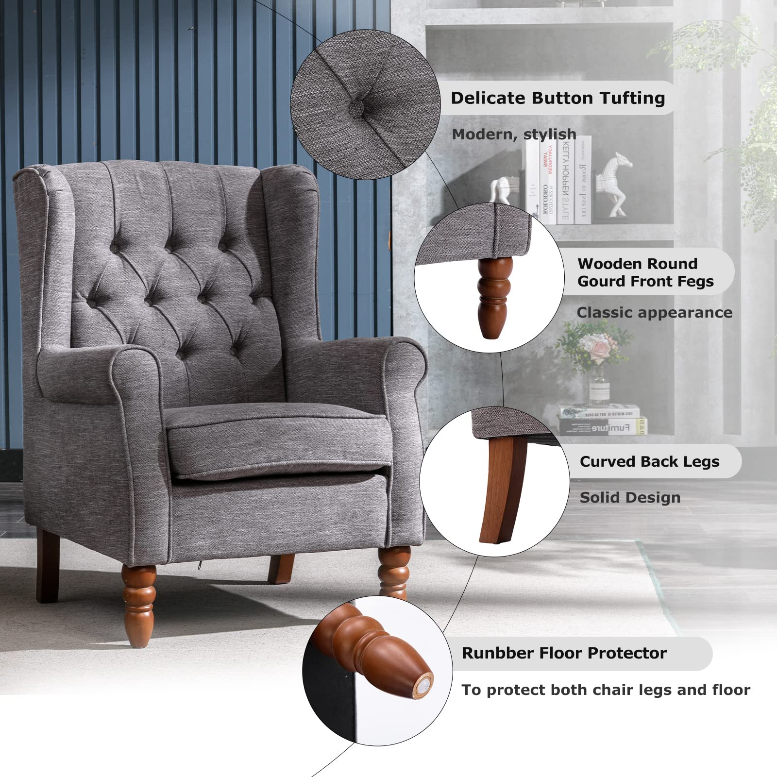 COLAMY Living Room Accent Chair, Thick Upholstered Button Tufted Wingback Armchair Fabric Mid-Century Modern Sofa Arm Chair, Solid Wood Legs Padding Seat, Grey