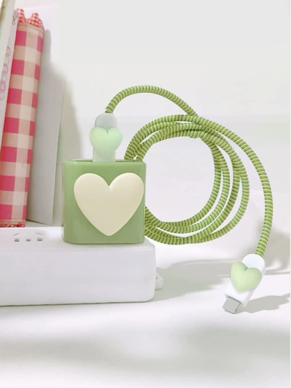 Cute Green 3D Heart Cable Protector for iPhone Charger Cover MazaniParis Heart Unique Design for Phone Charger Cover Wire Saver for iPhone 14 13 12