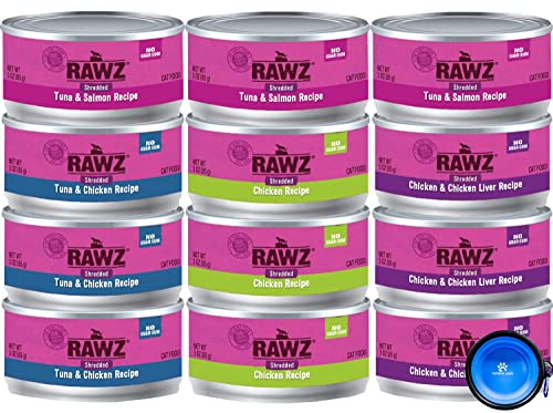 Rawz Natural Premium Canned Cat Wet Food Shredded -12 Pack Cans Variety Bundle Pack -4 Flavors - (Tuna & Salmon, Chicken & Liver, Tuna & Chicken, Chicken) with Hotspot Pets Food Bowl - (3oz Cans)