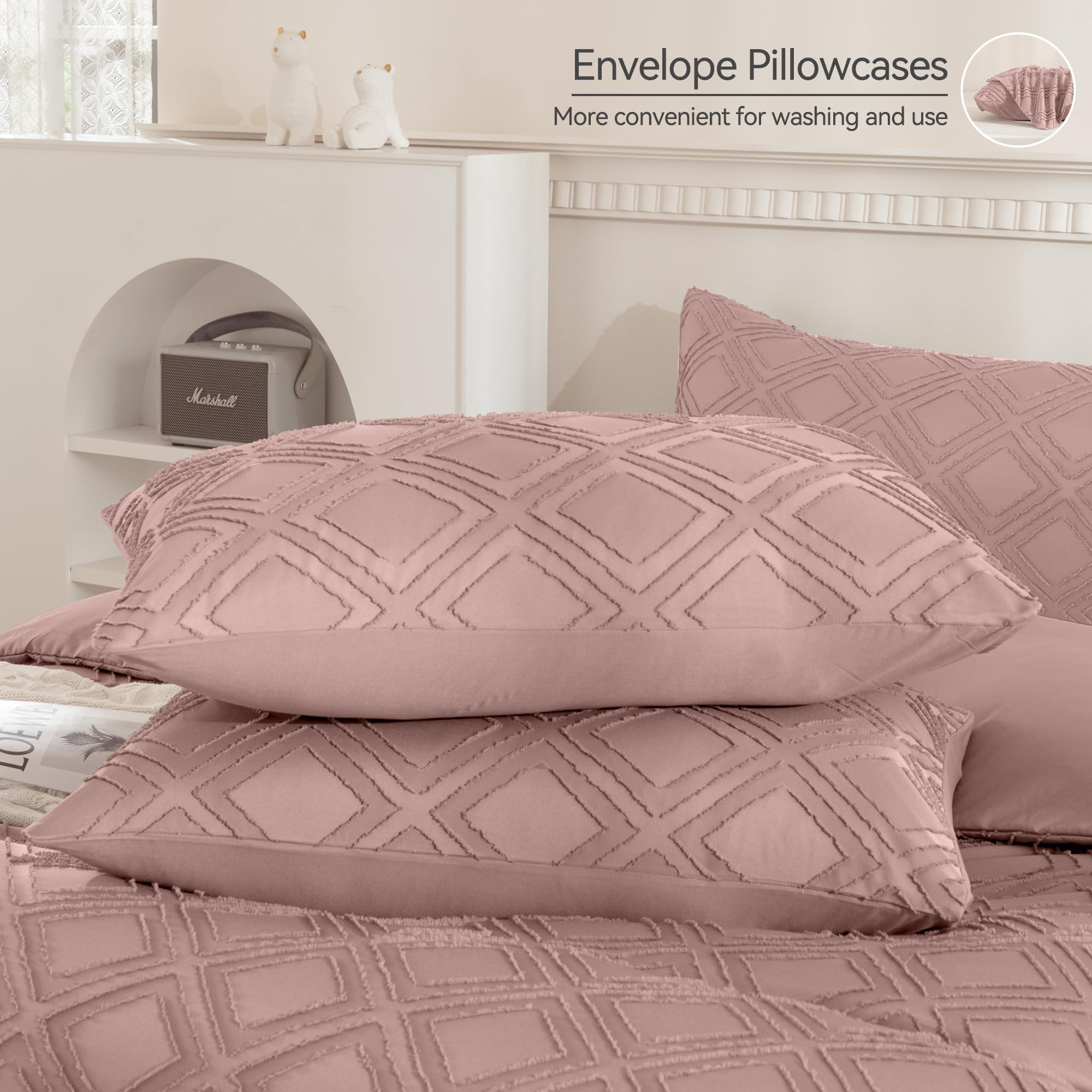 JELLYMONI Pink Duvet Cover Queen Size - Microfiber Tufted Duvet Cover Set, Boho Textured Duvet Cover Jacquard Rhombus Geometric Pattern Duvet Cover with Corner Ties & Zipper Closure