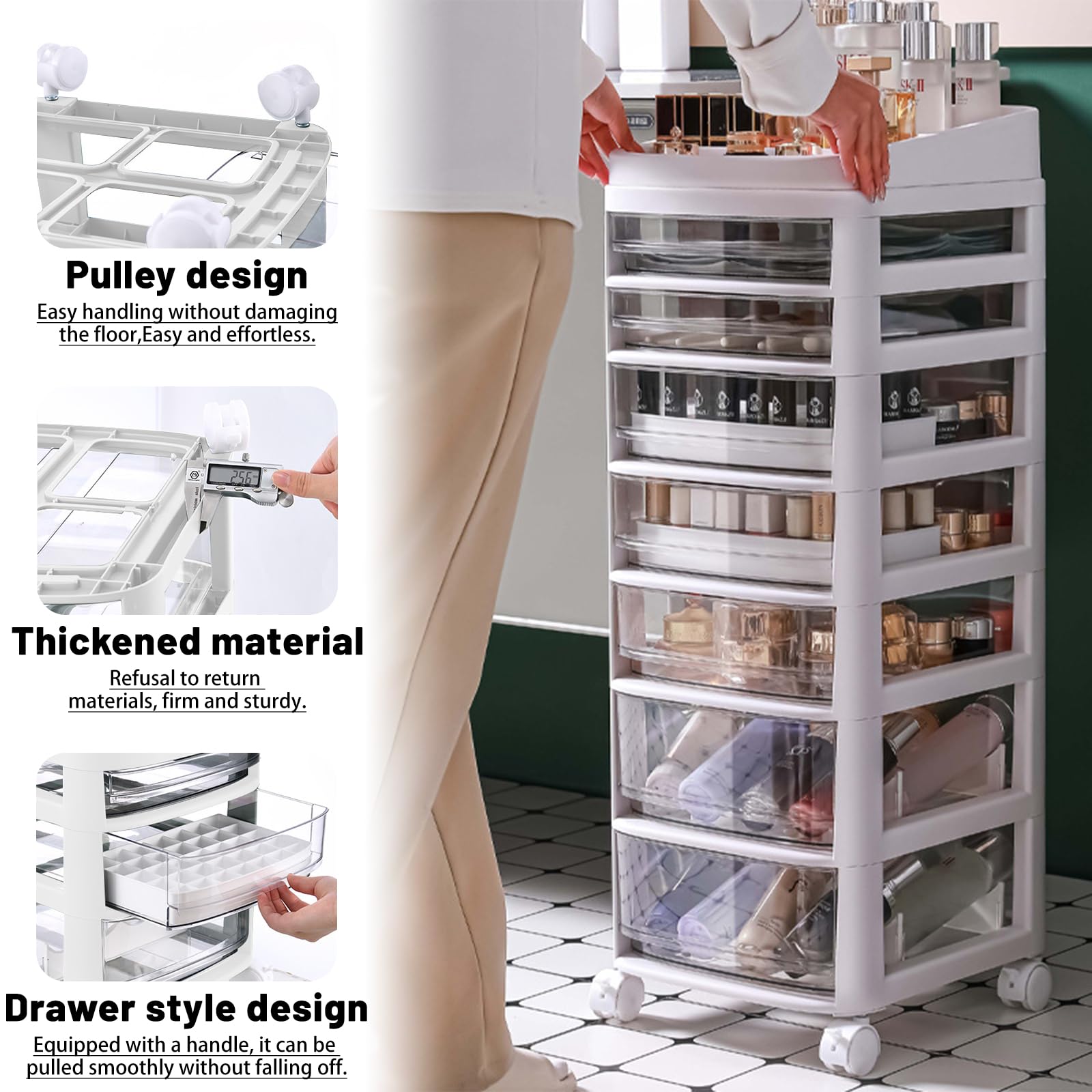 HamRoRung Makeup Storage Organizer with Drawers, Put 35 Lipstick, 18 Eyeshadow and 20 Brushes, Makeup Storage Cabinet, Floor Makeup Organizer with Wheels for Bedroom, Bathroom, Near the Vanity
