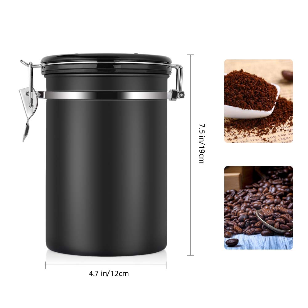Coffee Container Vacuum Sealed, Large Airtight Stainless Steel Coffee Container for Whole Beans/Ground Coffee (Black 1.8L)