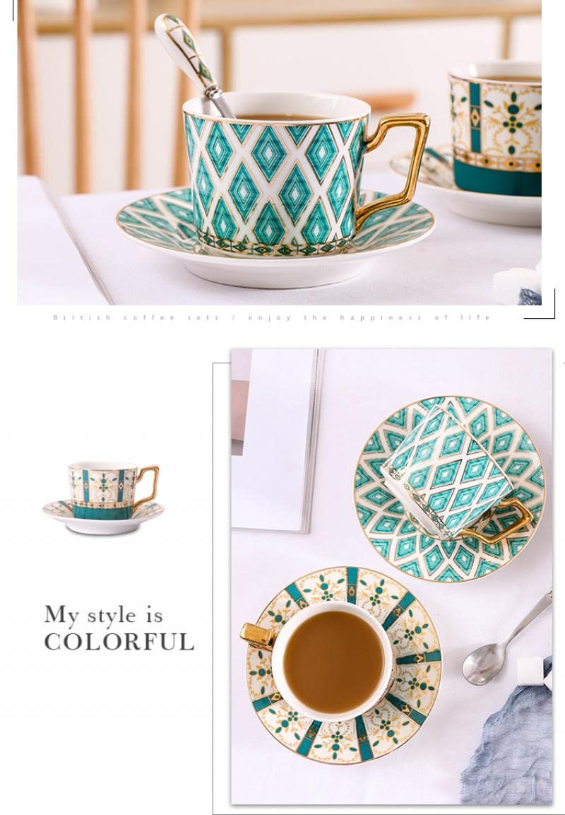 Coffee Cup Gift Box with Gold Trim Tea Cup Saucer Spoon Set Ceramic Coffee Cups British Coffee Cups for Coffee Drinks Latte Tea (Pattern 1 Suit of 2(With Pack))