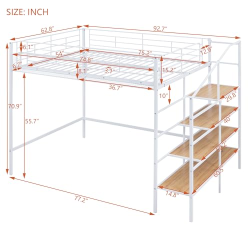 Full Size Loft Bed with Stairs, Metal Loft Bed Frame with Storage Steps, Heavy-Duty High Loft Bed with Grid Shelf for Kids Teens Adults, White