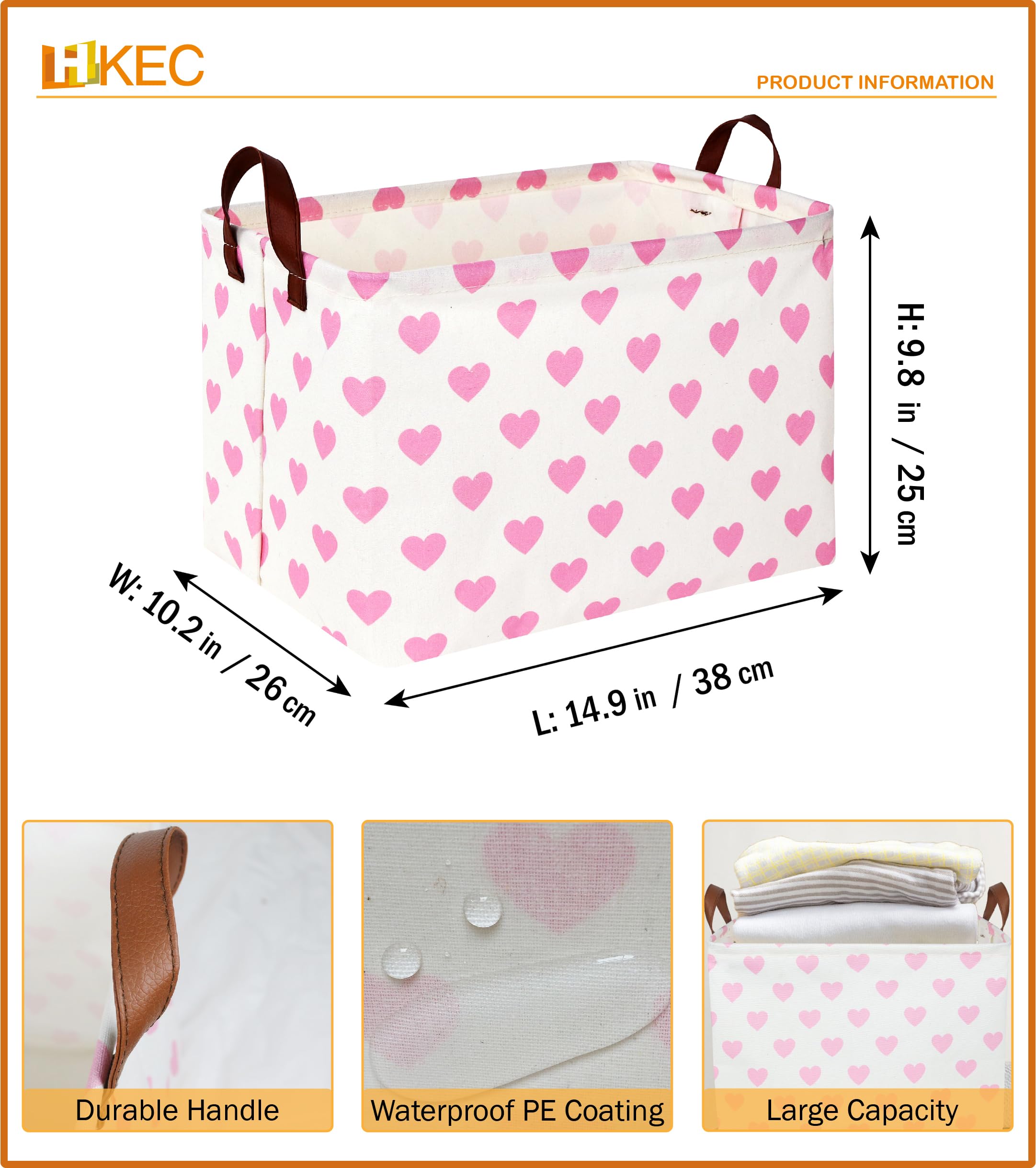 HKEC Rectangle Pink Heart Gift Basket,Girl Storage Basket,Pink Easter Basket,Kids Toys Bin for Playroom Bedroom,Room Decor,Books Shelf Baskets（Pink Heart