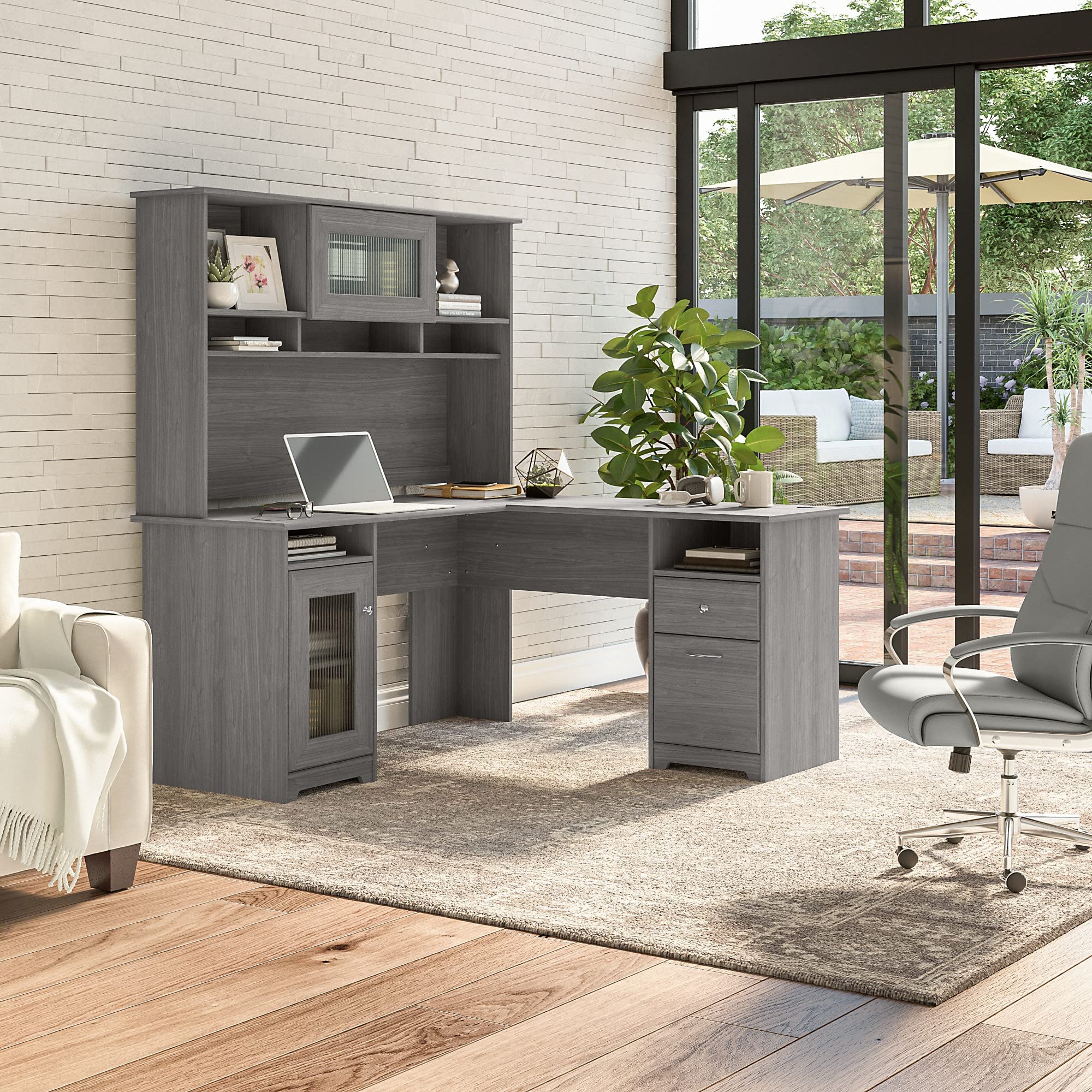 Bush Furniture Cabot L Shaped Computer Desk with Hutch, 60W, Natural Maple