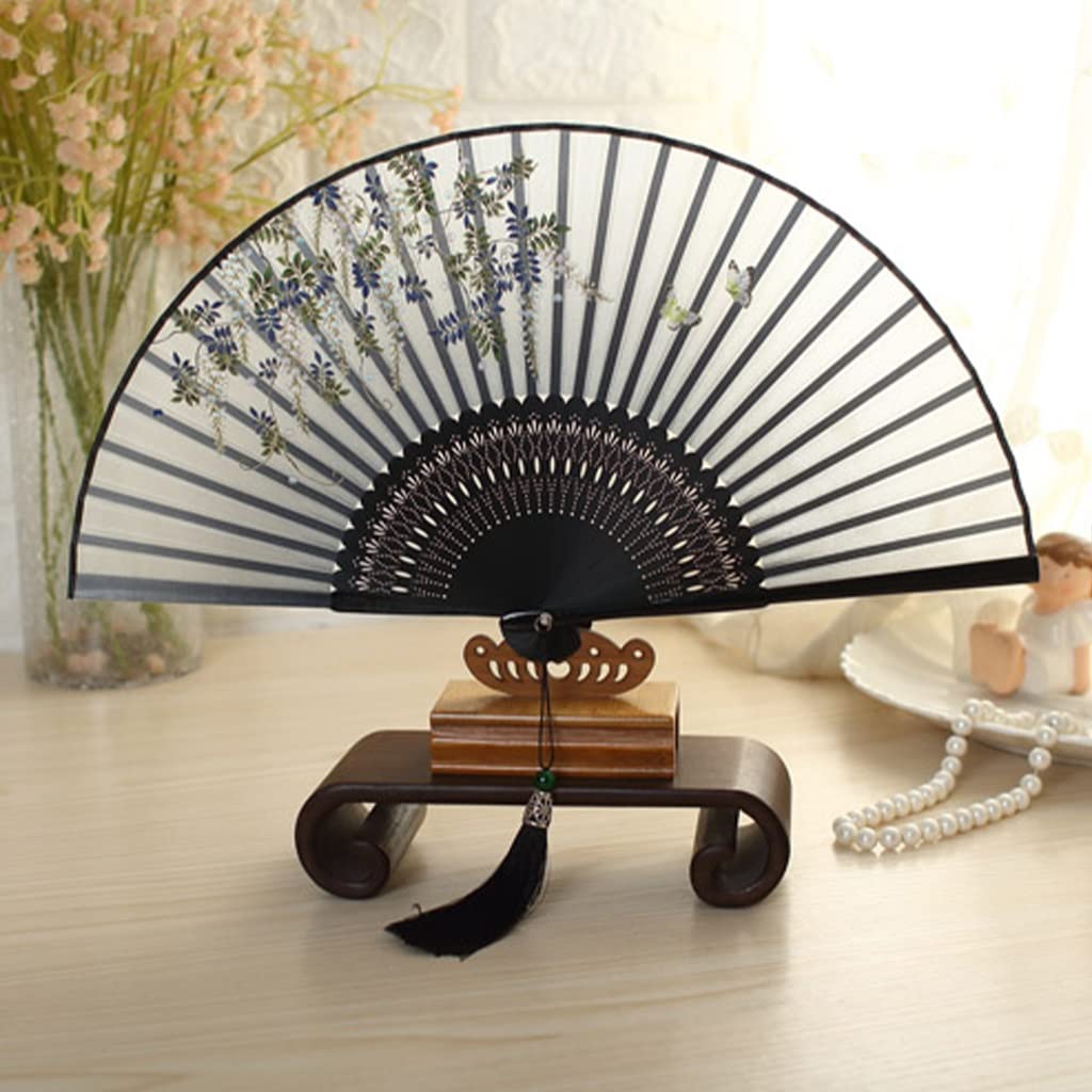 Chinese Style Black Folding Fan Men's and Women's Fan Silk Ancient Dance Fan Foldable Hand Painted Bamboo Fan with Fringe (Color : 02)