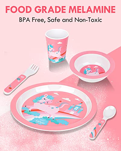 Lehoo Castle Kids Plates and Bowls Sets, 5 Piece Baby Feeding Set - Includes Plate, Bowl, Cup, Fork and Spoon Utensil Flatware, Kids Dinnerware Set for Kids, Toddlers (Unicorn)