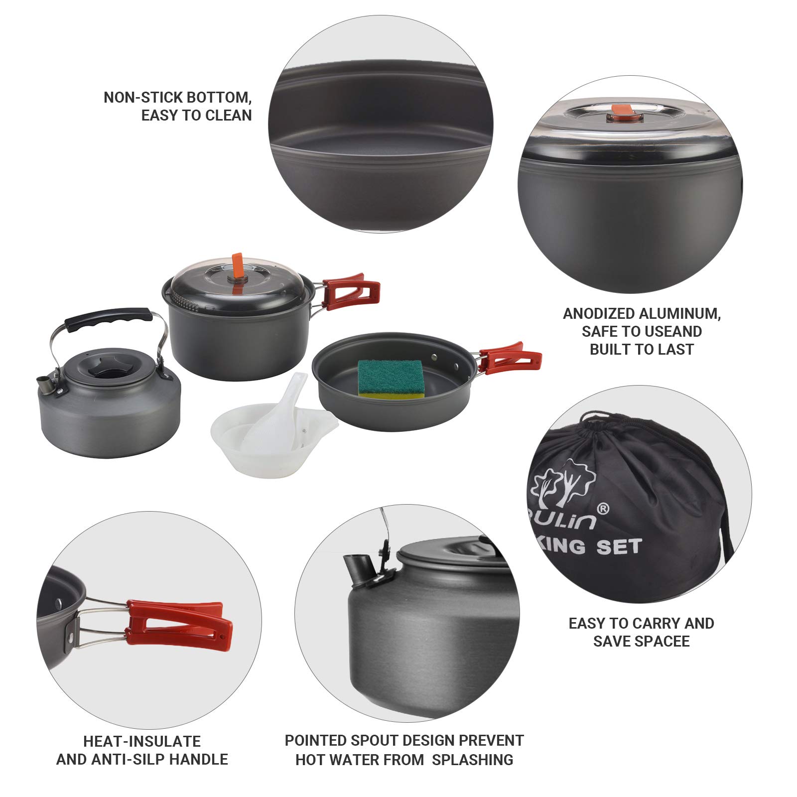 Bulin Camping Cookware Mess Kit, Backpack Portable Campfire Cooking Pots Pans Kettle Set, Lightweight Durable Cook Gear for Open Fire Hiking, Outdoor (BPA Free Bowls, Plates), 9 PCS