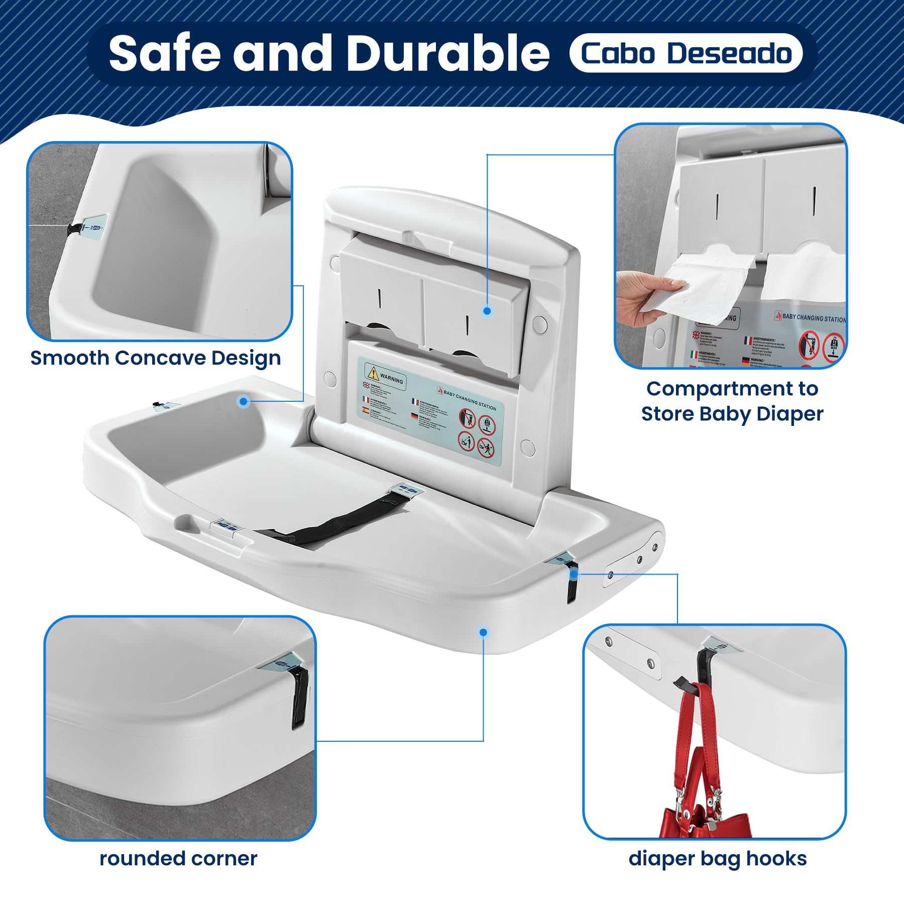 Cabo Deseado Baby Changing Station Wall Mount Commercial Diaper Changing Table Nursery Corner Changing 16β Wall Diaper Changer Station with Safety Strap Wall Restaurant Daycare Bathroom Horizontal