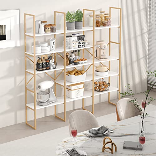 Jehiatek Gold Bookshelf 5 Tiers, Geometric Bookcase, 71"L x 71"H Tall Gold Shelves Etagere Book Case, Sturdy Metal Frame, Freestanding Display Shelving Unit for Home, Office, Library, White and Gold