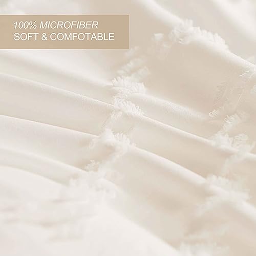 Nanko Beige Duvet Cover Queen Size, 3pc Boho Tufted Microfiber Bedding Comforter Cover Set, All Season Aesthetic Shabby Chic Soft Embroidery Textured Geometric Quilt Cover (90x90)
