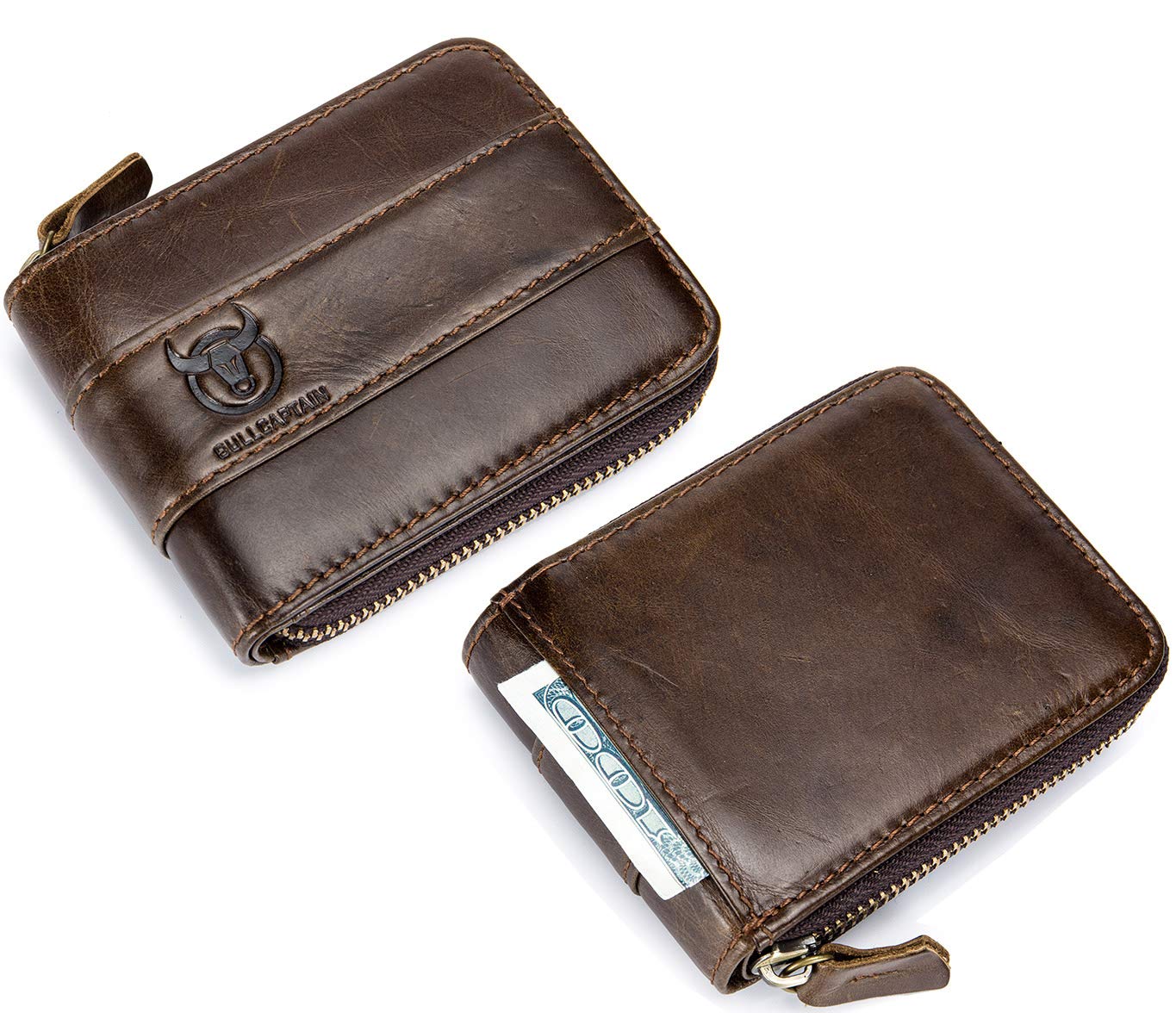 BULLCAPTAIN RFID Blocking Men’s Wallet,Genuine Leather Zip Around Vintage Multi Card Holder Zipper Wallet for Men Bifold Purse With ID Window(Brown)