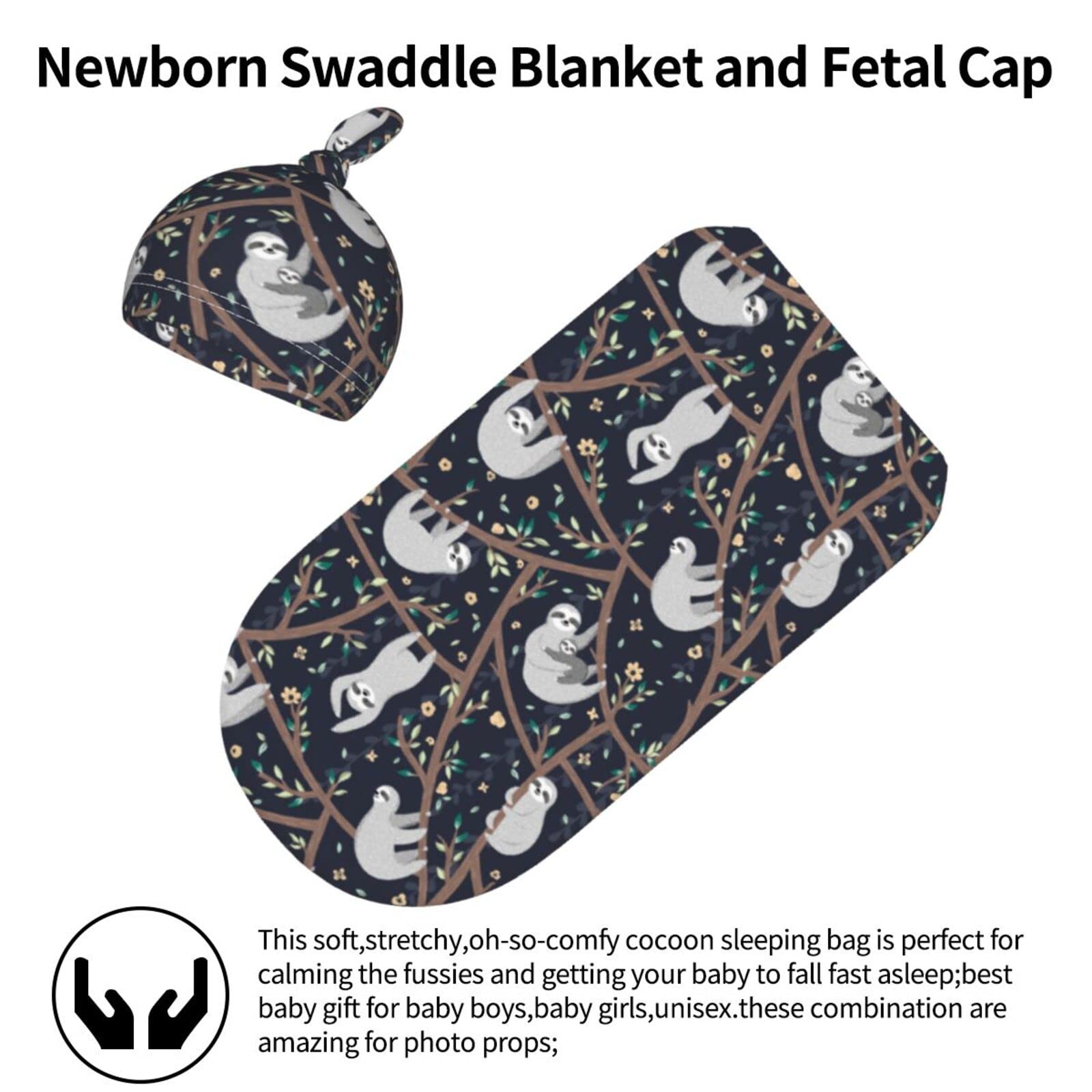 Cute Sloth Baby Stuff Swaddle Blanket Hat Set,Soft and Stretchy Infant Receiving Blanket for Newborn, Swaddle Sack Wrap for Boy/Girl