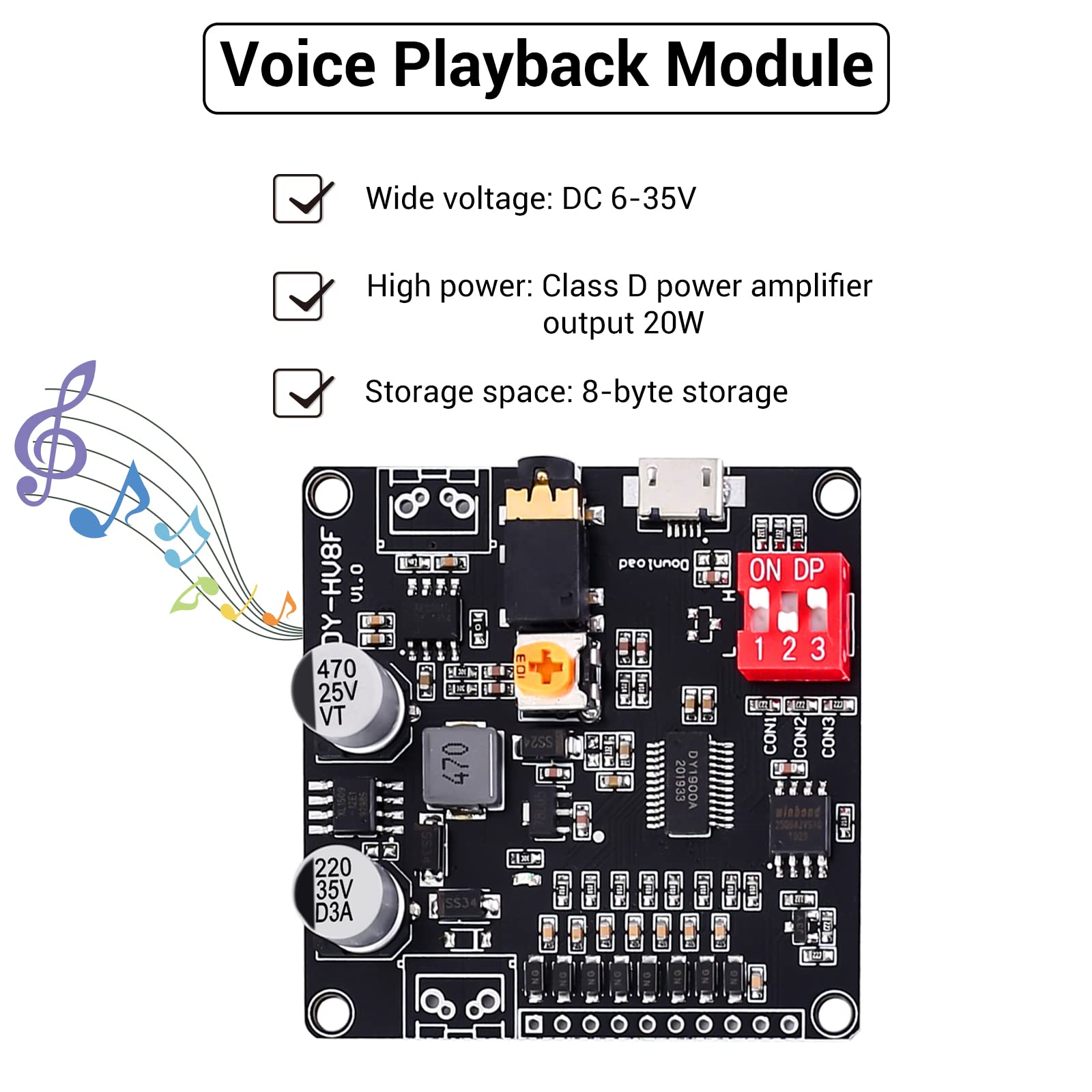 DC 12V 24V 20W Voice Playback Module, PEMENOL High Power Sound Board MP3 Player 64Mbit Flash Storage Mono 8ohm Support MP3 WAV for Arduino Father's Day DIY