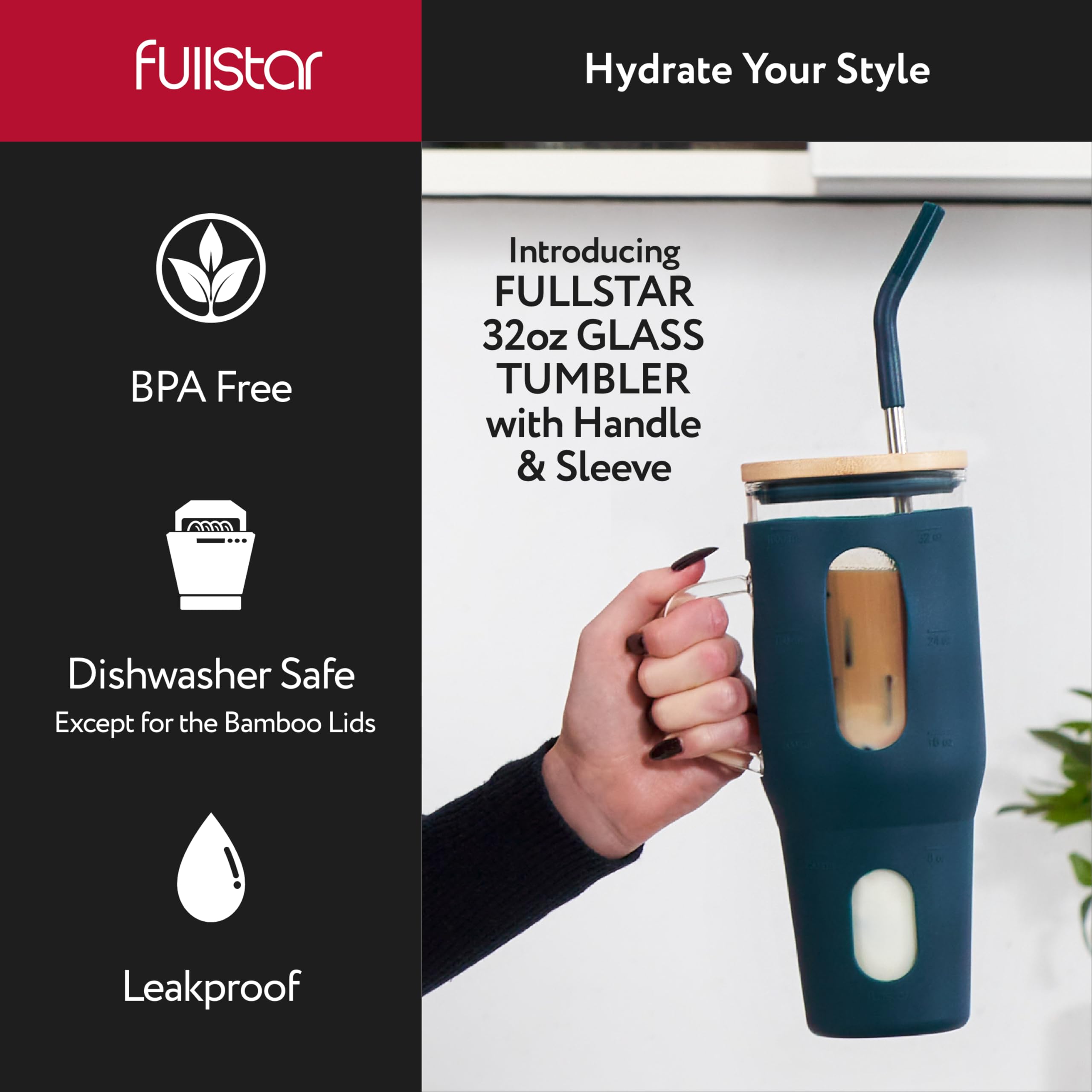 fullstar Glass Cups with Lids and Straws - Drinking Glasses, Glass Tumbler with Straw and Lid, Iced Coffee Cups, Glass Coffee Cups with Bamboo Lids (Dark Teal, 1 Pack)