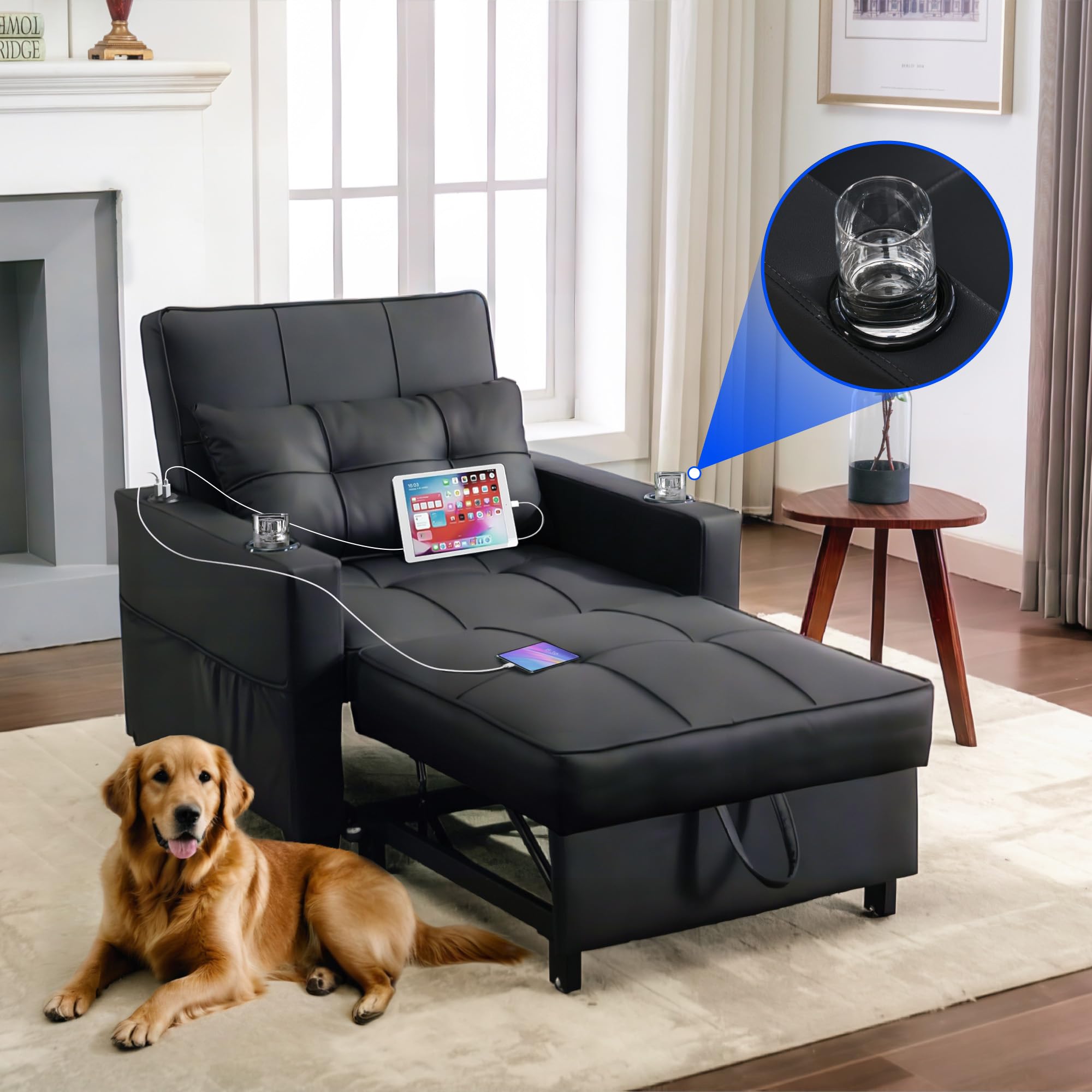 FLEXISPOT XCT2 Sleeper Chair Bed, Sofa Bed Chair 3 in 1 w/USB Port, Pillow, Cup Holders, Convertible Pull Out Bed W/Adjustable Backrest for Living Room Apartment Small Space, Black