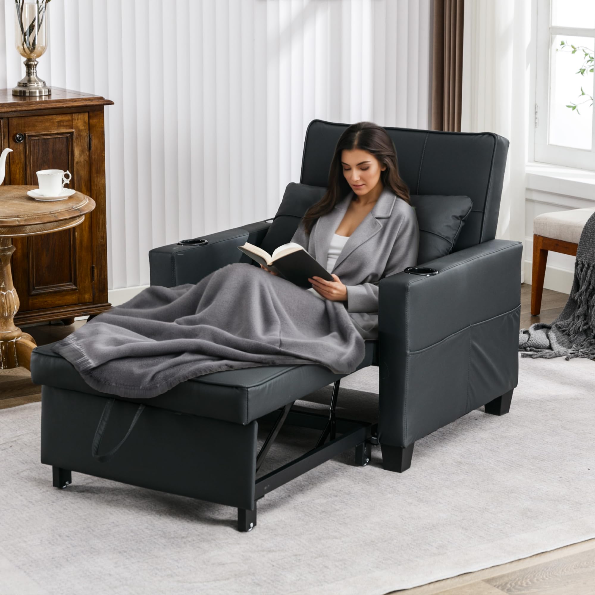 FLEXISPOT XCT2 Sleeper Chair Bed, Sofa Bed Chair 3 in 1 w/USB Port, Pillow, Cup Holders, Convertible Pull Out Bed W/Adjustable Backrest for Living Room Apartment Small Space, Black