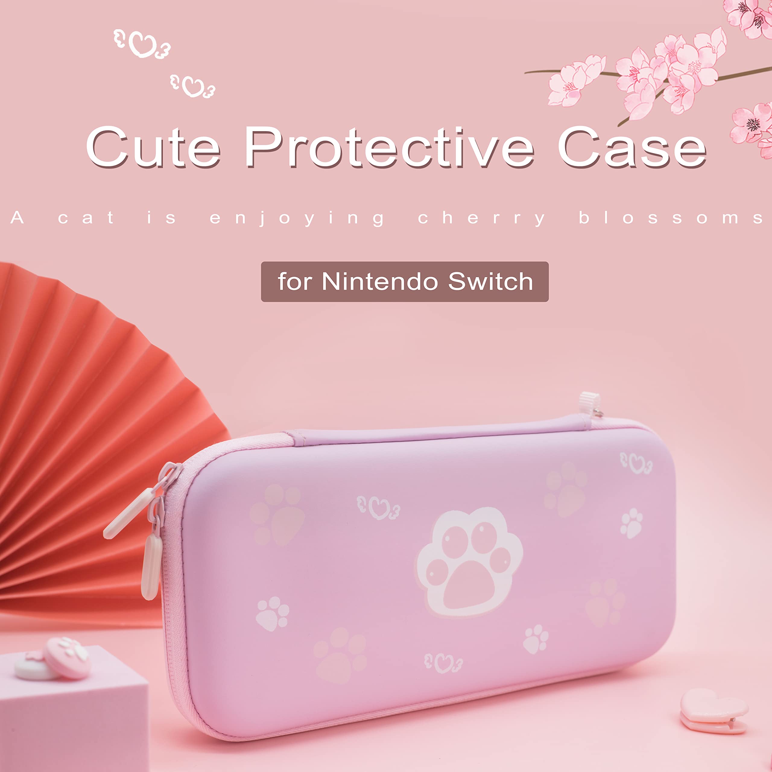BRHE Cute Cat Paw Switch Carrying Case Pink 【9 IN 1】Portable Hard Shell Bundle Bag Kits with TPU Clear Protective Cover, Glass Screen Protector, Thumb Grip Caps for Nintendo Switch