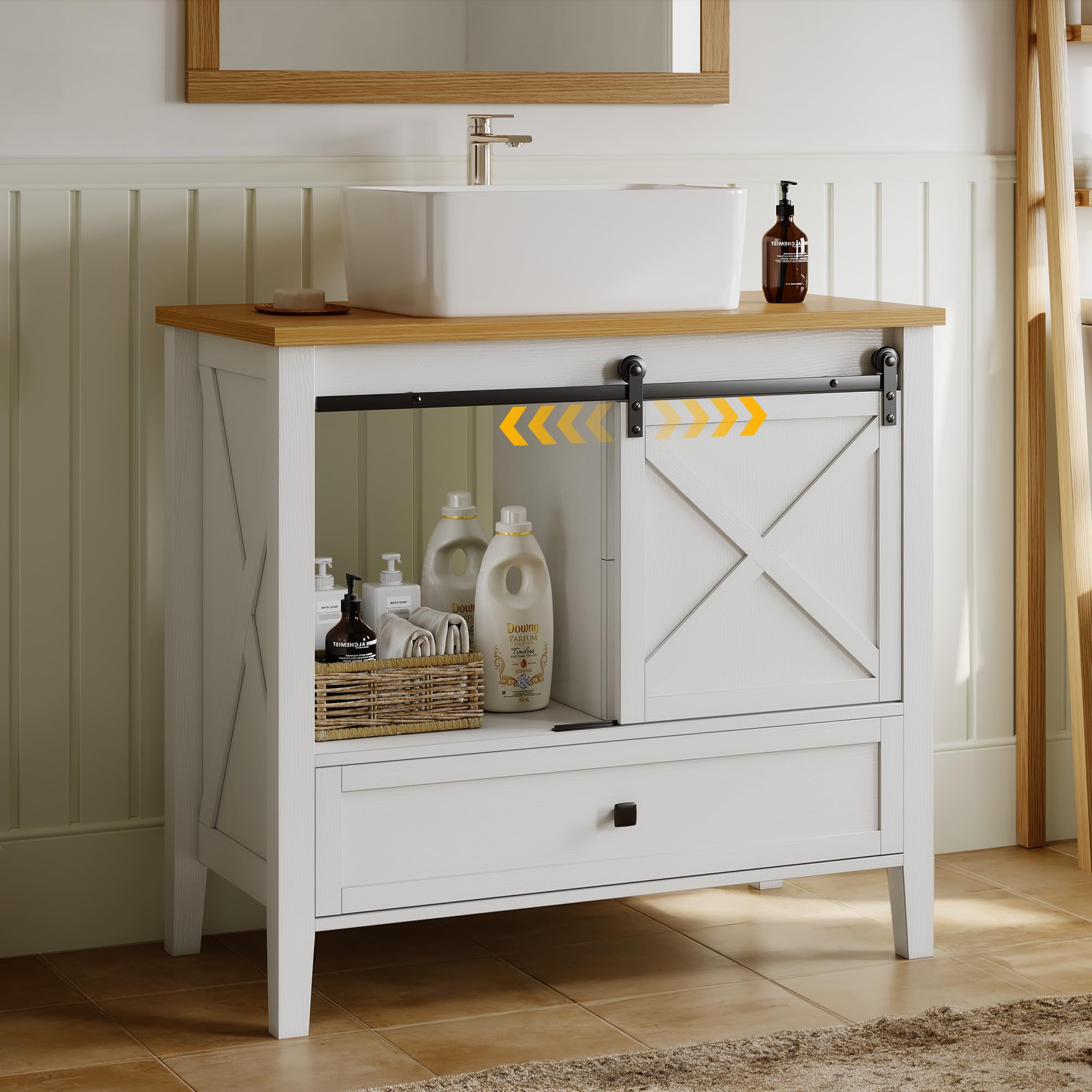 DWVO 48" Farmhouse Bathroom Vanity with Sink Combo, Barn Door Bathroom Storage Cabinet with Sliding Door & 7 Drawers, Ceramic Vessel Sink Top, White
