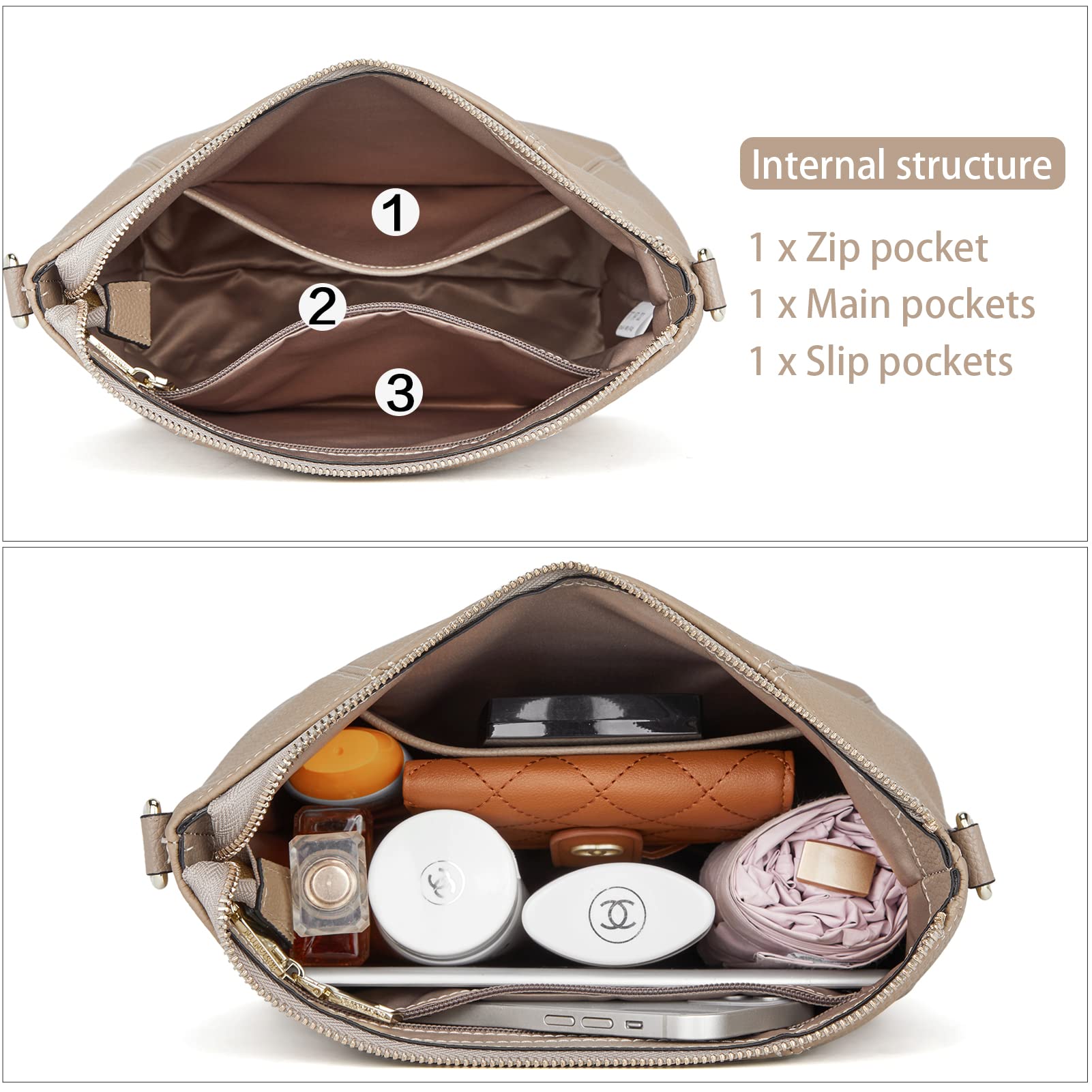 BOSTANTEN Leather Hobo Handbags Designer Purses for Women Shoulder Crossbody Bags Beige